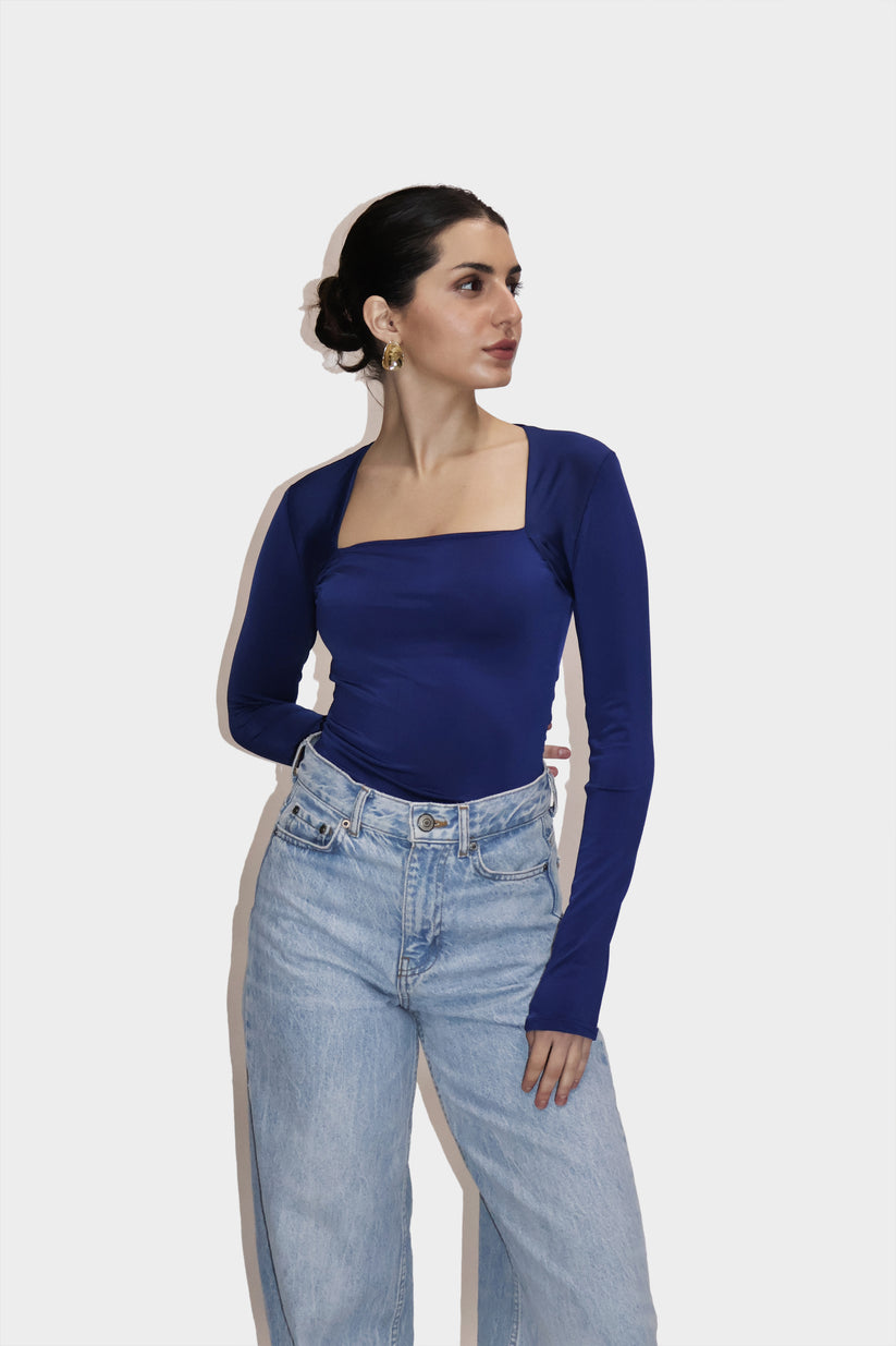 Blue Square Neck Full Sleeve Top - Sway Top (Navy)